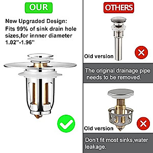 2 PACK Universal Bathroom Sink Stopper,Pop Up Sink Drain stopper No Overflow Sink Drain Plug With Filter Basket,Bounce Bullet Anti Clogging Bathtub Sink Plug for 1.02-1.96 inch Drain Holes