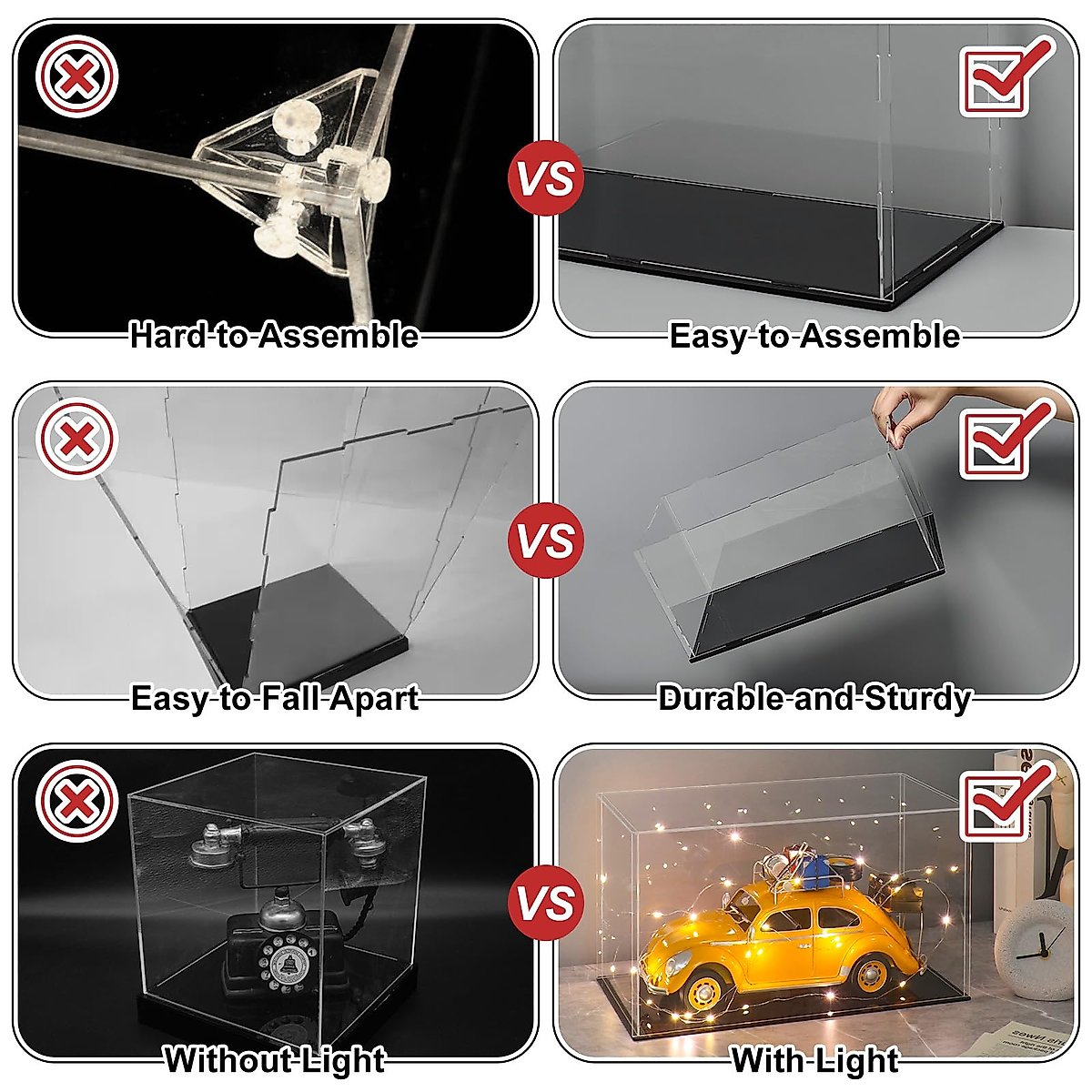 LANSCOERY Acrylic Display Case, Assemble Showcase Display Box for Collectibles, with Dustproof & Seamless Display Design, 6x6x10inch Black Base