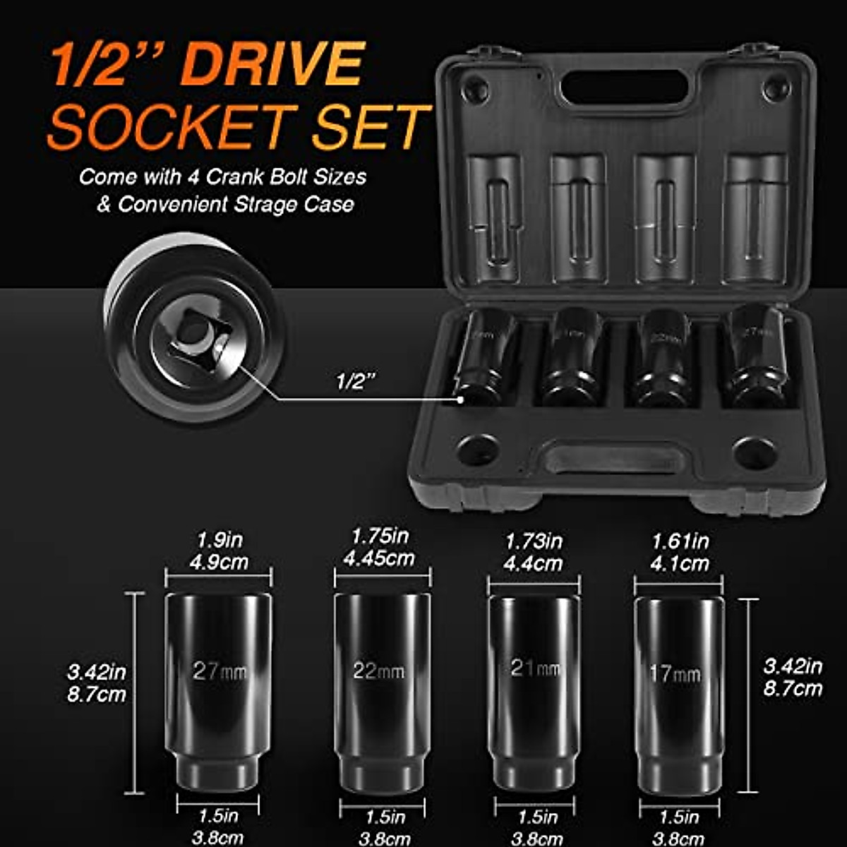 4 Pack Crank Bolt Socket Set, 17MM, 21MM, 22MM, 27MM, Harmonic Balancer Socket Set, 1/2-Inch Metric Deep Impack Socket Set, 3 Times Momentum Power of Standard Impact Sockets