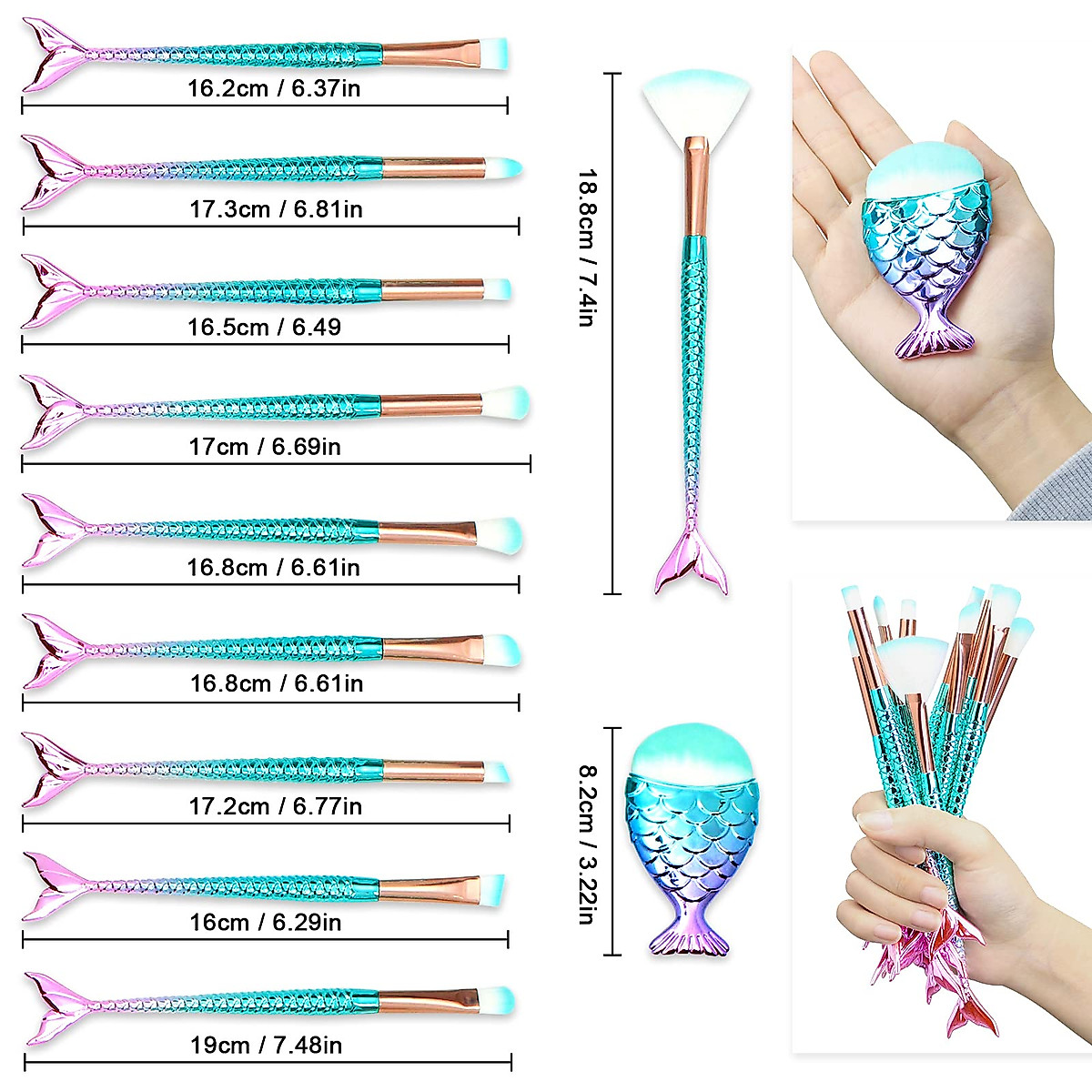 11PCS Makeup Brushes Set with Colorful Fish Tail Handle, Foundation Eyebrow Eyeliner Blush Cosmetic Concealer Brushes Women Christmas Gift Ideas Stocking Stuffers for Girls Kids Cute Make Up Tool Set