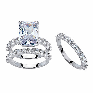 PalmBeach Platinum-plated Sterling Silver Emerald Cut Cubic Zirconia Simulated Bridal Ring Set Sizes 7-10 Size 10