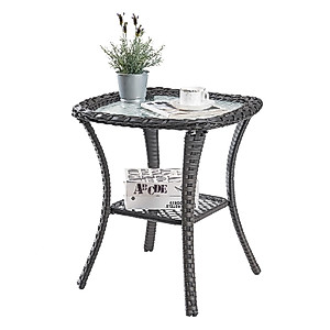 Bellefurn Patio Furniture Set 2 Swivel Glider Patio Chairs 2 Rattan Ottomans with Wicker Side Table 5pcs Grey Wicker Blue Cushions Patio Conversation Set for Garden Balcony Sunroom Backyard