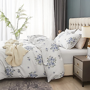 HYPREST Floral Duvet Cover Set King Size, 3 Pieces Blue Floral Farmhouse Duvet Cover Set- Soft, Lightweight & Breathable, Standard 100 by Oeko-Tex(No Comforter)