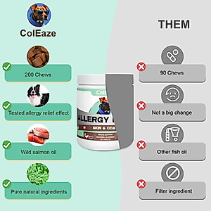 Dog Allergy Relief Chews 200Pcs Omega 3 Fish Oil Skin & Coat Supplement, Dog Itching Skin Relief with Probiotics & Colostrum - Dry Skin, Hot Spots, Licking, Seasonal Allergies Immune Support Treats