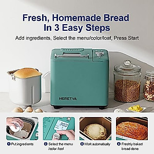 Neretva Bread Maker Machine , 20-in-1 2LB Automatic Breadmaker with Gluten Free Pizza Sourdough Setting, Digital, Programmable, 1 Hour Keep Warm, 2 Loaf Sizes, 3 Crust Colors - Receipe Booked Included (Green)