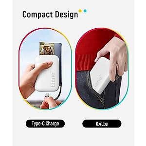 Liene 2x3” Photo Printer, Mini Photo Printer w/ 5 Zink Adhesive Photo Paper, Bluetooth 5.0, Compatible w/iOS & Android, Portable Color Mono Instant Photo Printer for iPhone, Smartphone, Pearl White