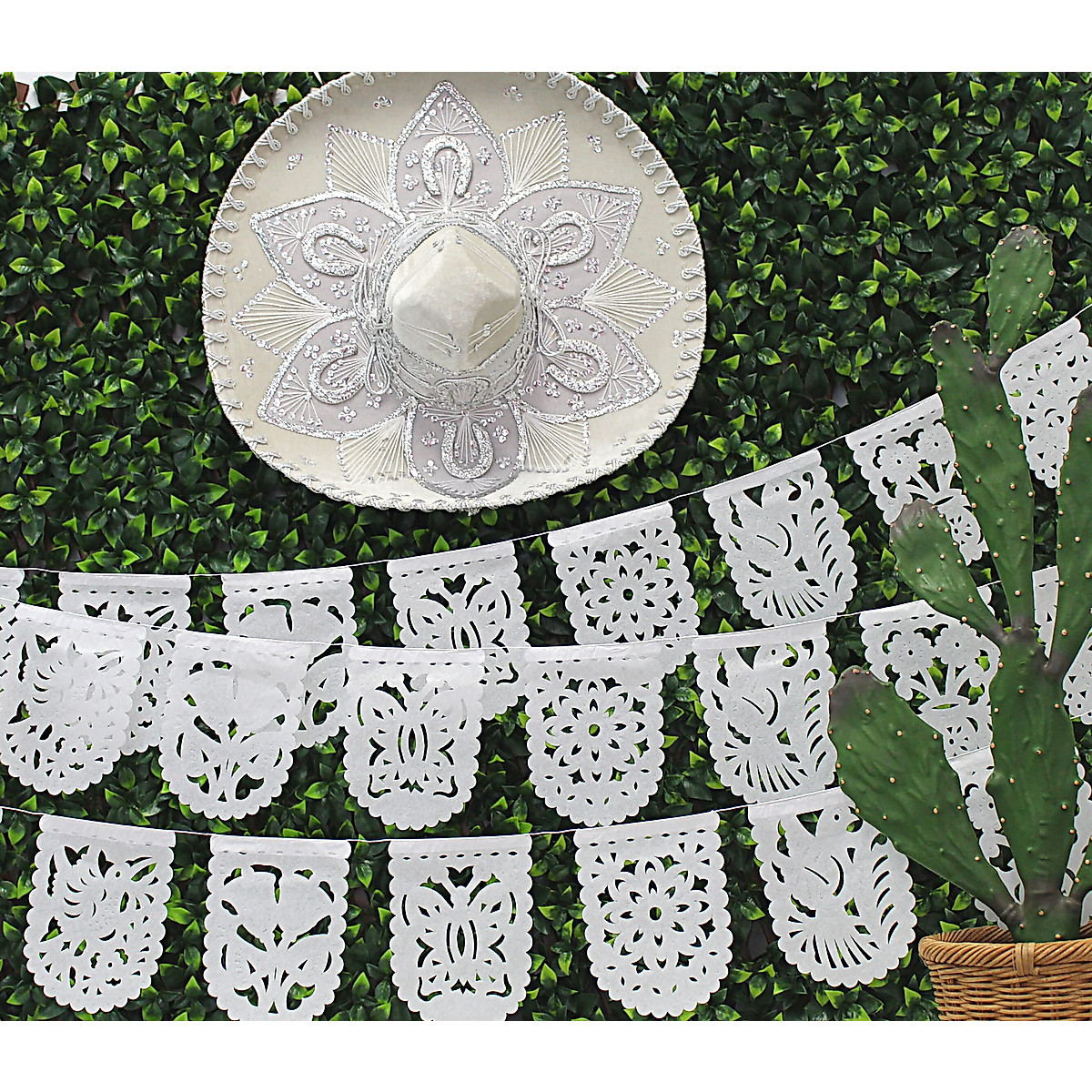 Mini white banners, 5 Pack Papel Picado Mini flag garlands, Fiesta decoration, Cinco de Mayo, Mexican Wedding, Taco Tuesday Features butterflies, flowers, suns and cactus.