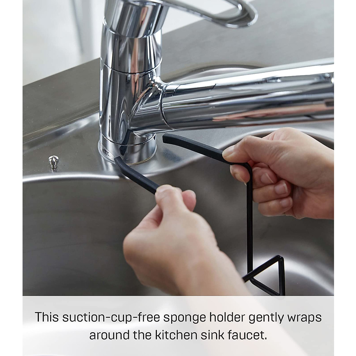 YAMAZAKI home 4389 Faucet-Hanging Sponge Holder-Kitchen Organizer Sink Rack Basket, One Size, Black