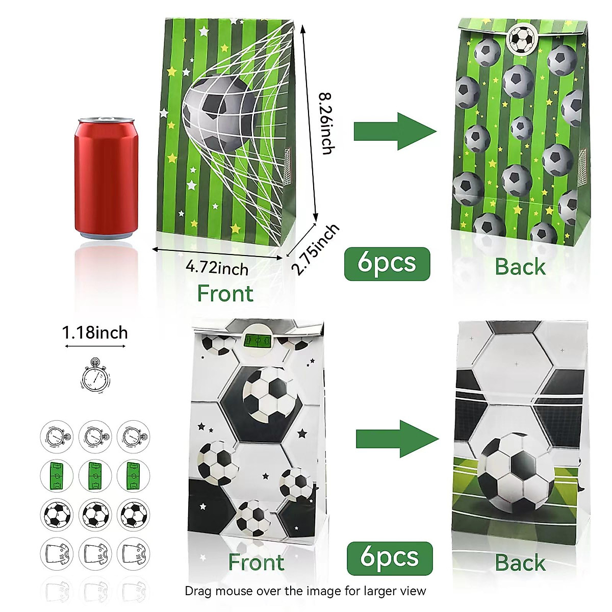 PQZFKSRU Football Soccer Party Candy Bags - 12pcs with kraft Paper Bags & Labels for Snacks, Candy & Party Favors - Perfect for Valentine's Day & Birthdays party favor bags