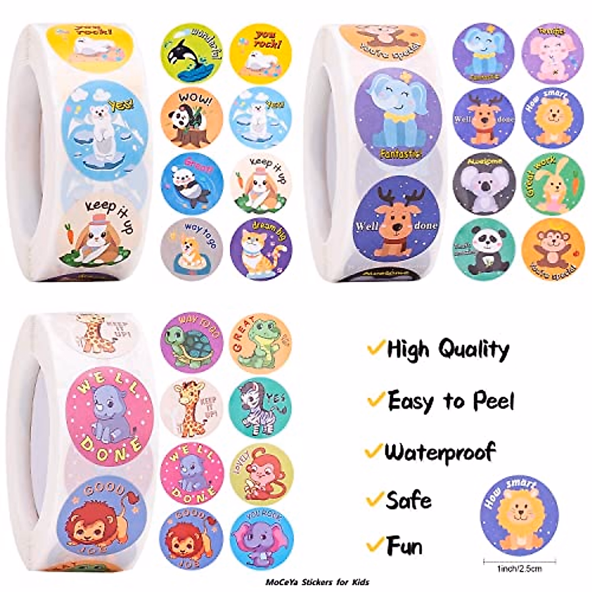 Motivational Stickers Animal Stickers Rolls - 2000 Pcs MoCeYa Stickers Teacher Stickers for Kids Inspirational Stickers School Stickers Potty Training Stickers 4Rolls 32Designs 1inch