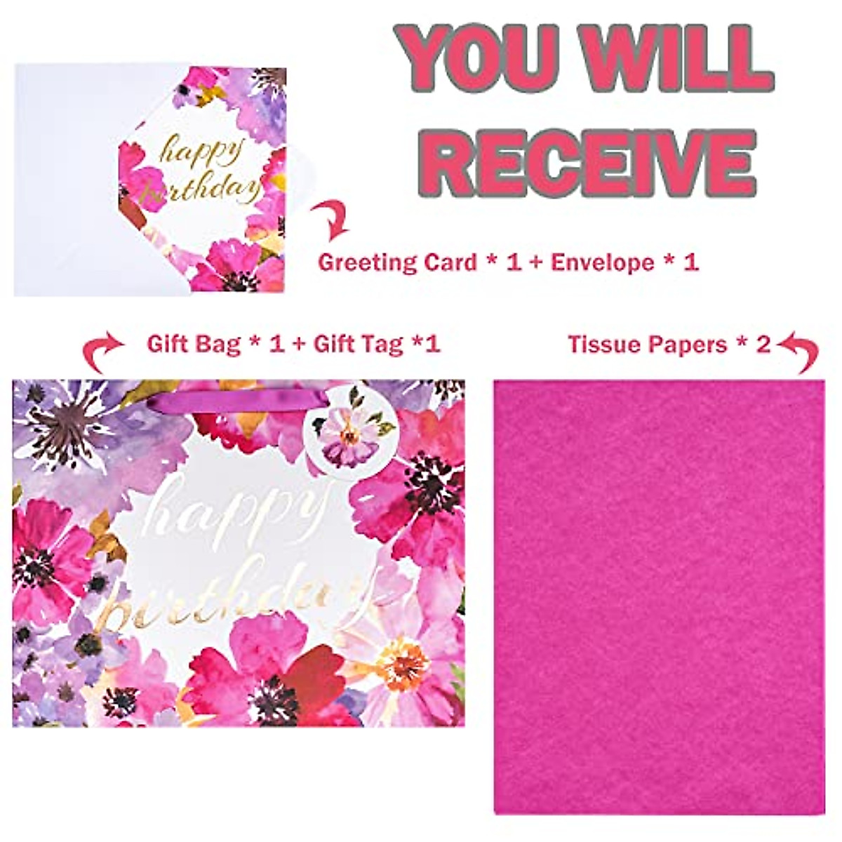 WRAPAHOLIC 13" Large Gift Bag with Card and Tissue Paper - Floral Gold Foil Happy Birthday