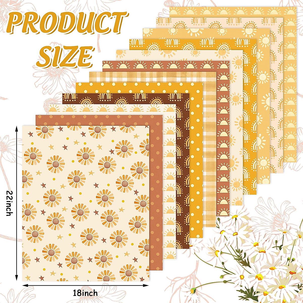 JarThenaAMCS 12Pcs Boho Sunshine Cotton Fabric Bundles Yellow Boho Sun Rainbow Dot Fat Quarters Decorative Quilting Patchwork for DIY Craft Home Party Decor, 18 x 22 Inch