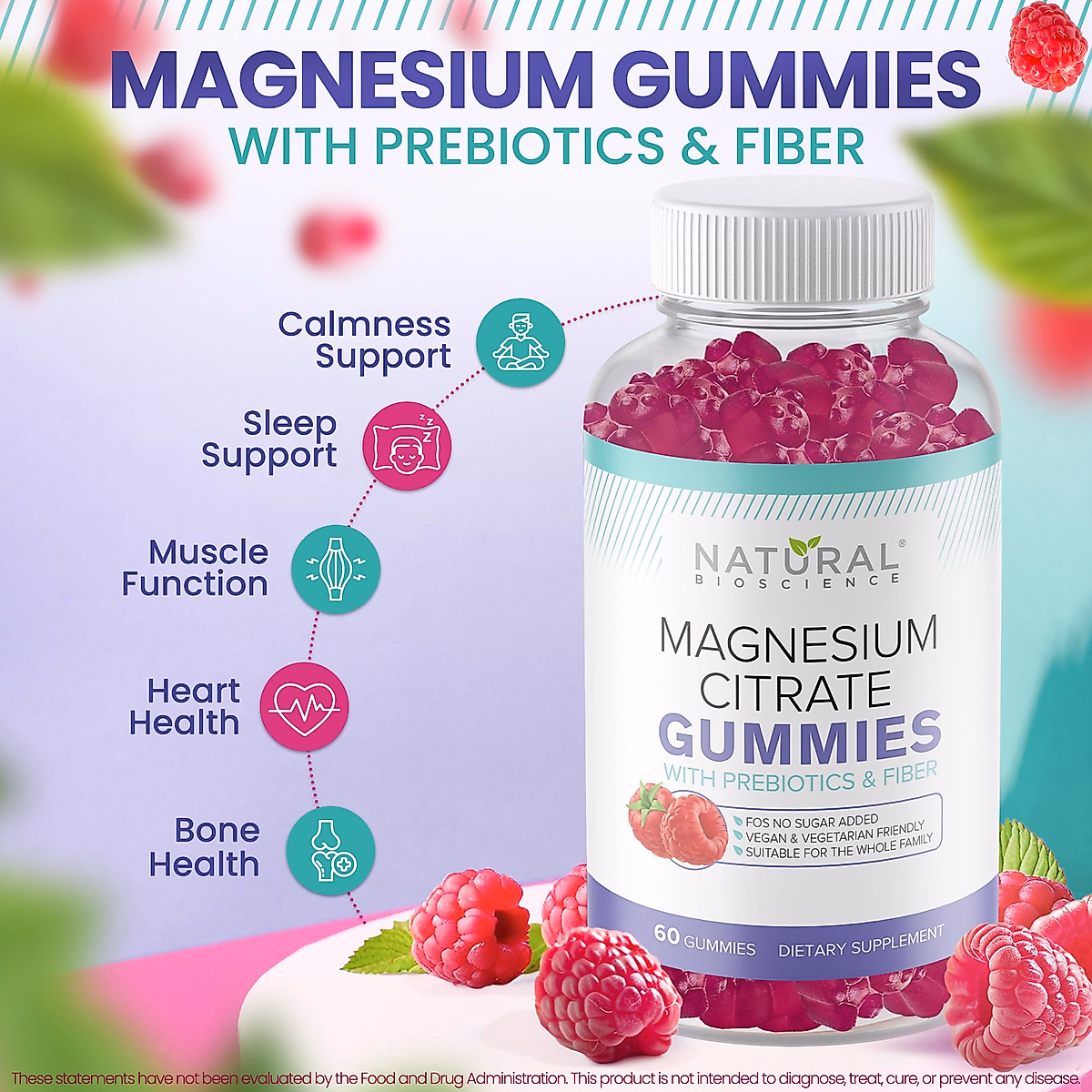 Sugar Free Magnesium Gummies - Calming Anti-Stress Gummies, Magnesium Supplement to Support Stress Relief, Sleep, Heart Health, Nerves, Muscles and Bones, Kids, Adults, Vegan, High Absorption, Non-GMO