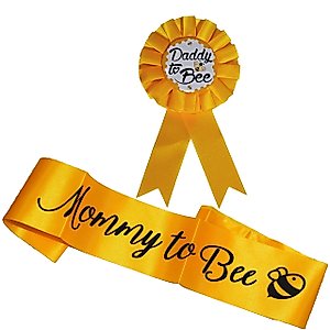 2 Packs Baby Shower Decorations Yellow Mommy to Bee Sash and Daddy to Bee Pin Tinplate Badge with Bee Pattern for Baby Welcome Party