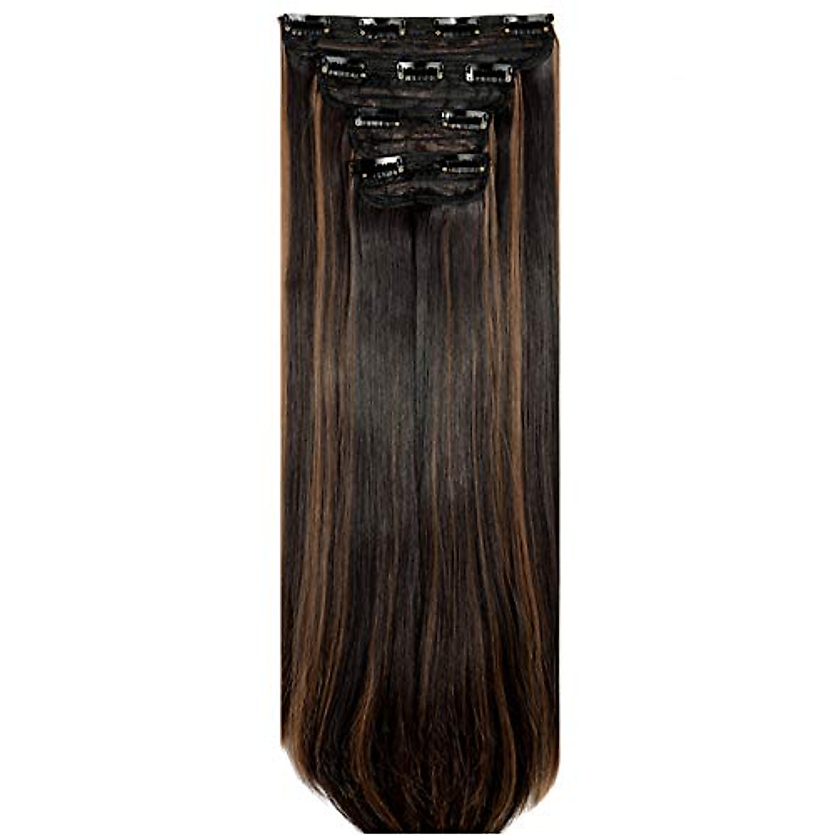 LELINTA 24" Straight Long 4 PCS Set Thick Clip in on Synthetic Hair Extensions Hairpieces for Women Dark Brown Mix Light Auburn