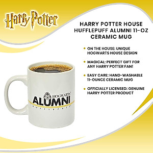 Harry Potter Hufflepuff Alumni 11-Oz Mug - White Ceramic Cup With Handle - Hogwarts Crest & House Yellow Stripe With Black Lettering - From Rowling's Wizarding World