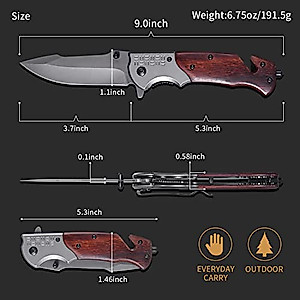 sharpken Pocket Knife for Men Women, Folding Knife with Clip + Seatbelt Cutter + Glass Breaker + Wood Handle