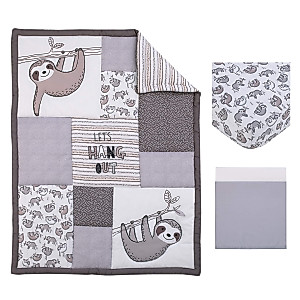 NoJo Little Love Sloth Let's Hang Out Grey, White and Charcoal 3 Piece Nursery Crib Bedding Set - Comforter, Crib Sheet, Dust Ruffle