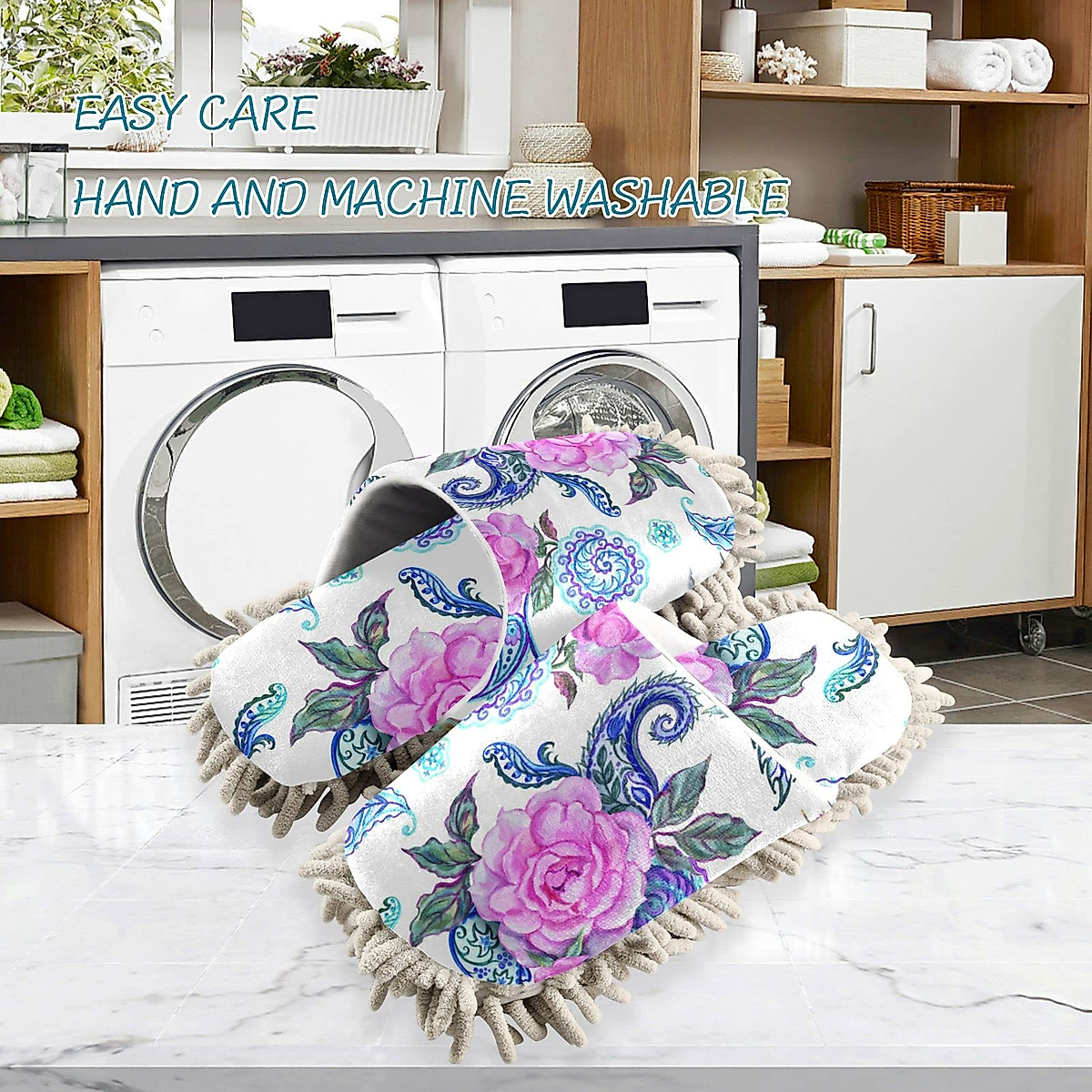 Roses Paisley Mop Slippers Shoes Cover for Floor Cleaning Washable Dirty Dust Hair Cleaners Microfiber Mop Socks for Kitchen House Office