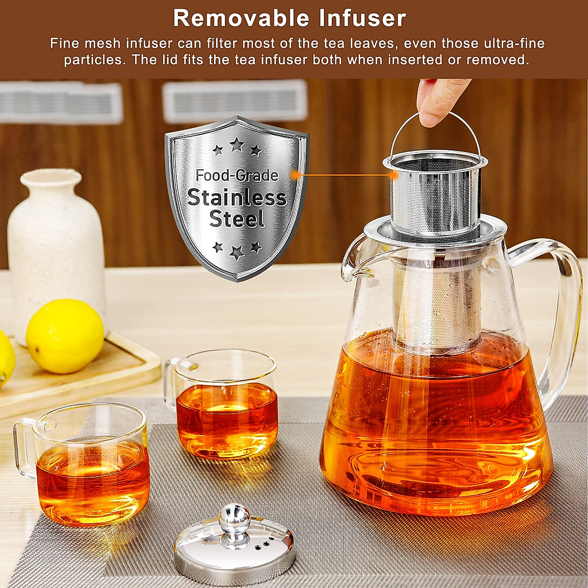 Molgree Glass Teapot Stovetop Safe, 43oz Glass Teapot with Infuser, Glass Tea Kettle Glass Tea Pots with Removable Stainless Steel Infuser for Blooming and Loose Leaf Tea