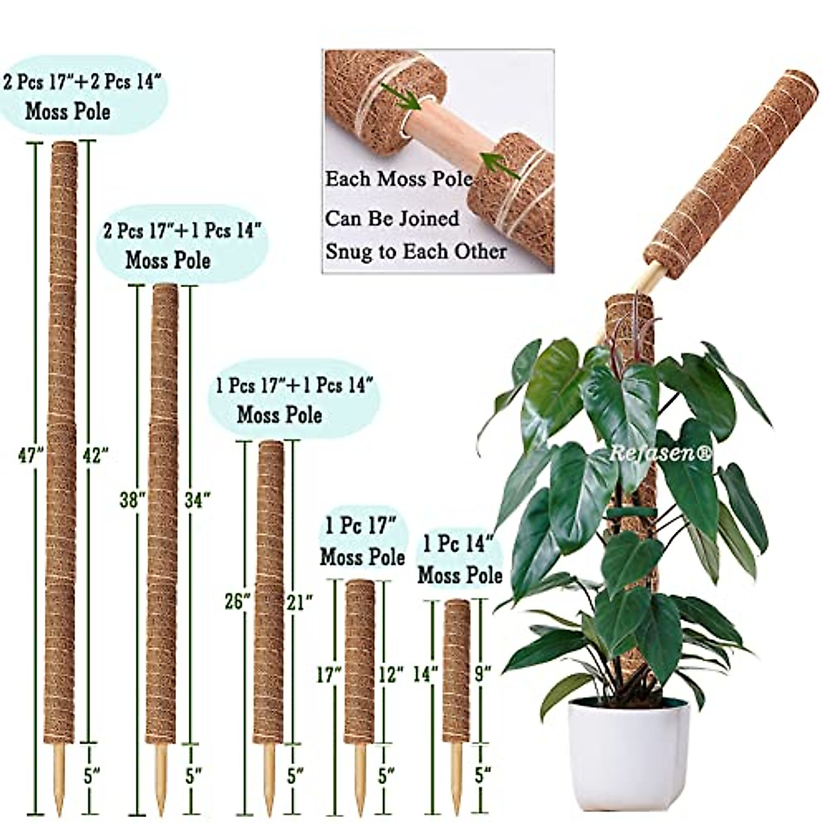Moss Pole for Plants Monstera, 47inch Moss Poles for Climbing Plants 2 Pcs 17” and 2 Pcs 14” Monstera Pole Stackable Plant Pole Coco Coir Pole with Garden Ties