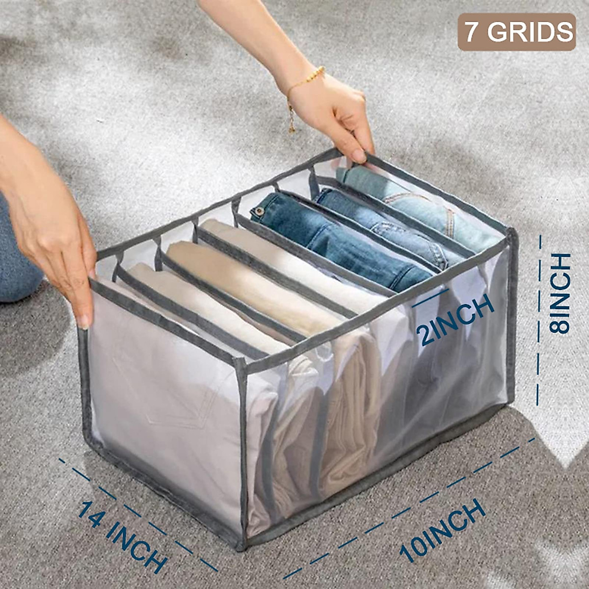 YH&GS 2PCS Wardrobe Clothes Organizer For Folded Clothes Pants,T-Shirt, Skirt, Underwear, Leggings, Kid Jeans Drawers Closet Mesh Storage Stackable 7 Grid Washable, Grey