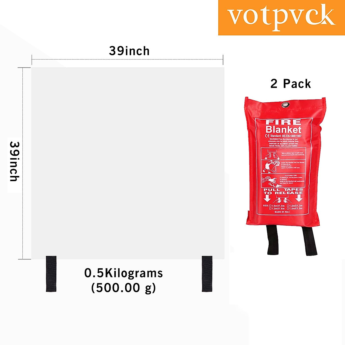 Votpvck Emergency Fire Blanket for Home and Kitchen,Fireplace Grill Camping,Survival Gear Emergency Supplies,Flame Retardant Protection and Heat Insulation,2 Pack Fibeglass Blanket 39’’x39’’