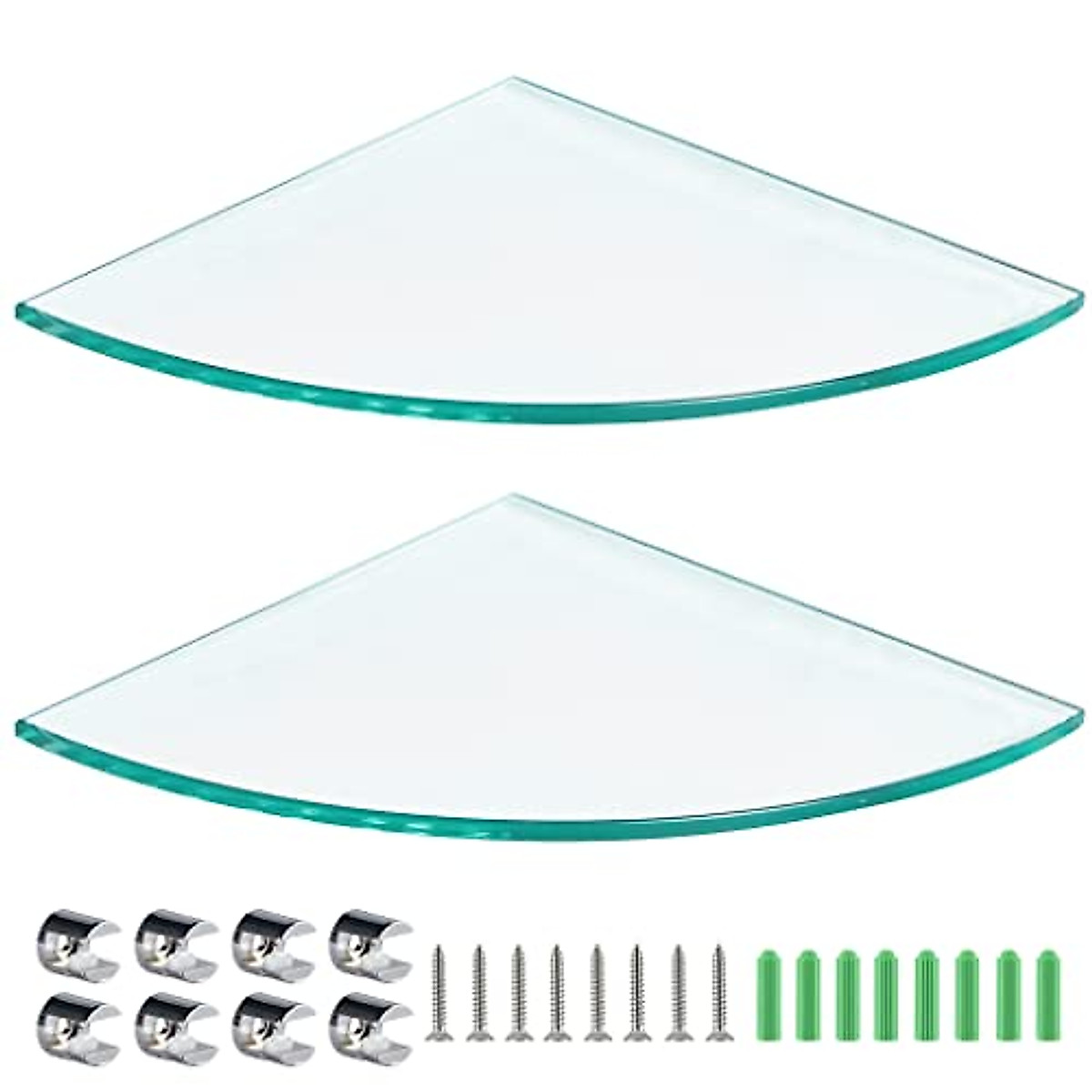 Sanbege 2 Pcs Tempered Glass Corner Shelf with 8 Brackets, 9.5" x 9.5" Floating Shower Caddy, Wall Mounted Shampoo Holder Organizer for Bathroom, Kitchen, Living Room