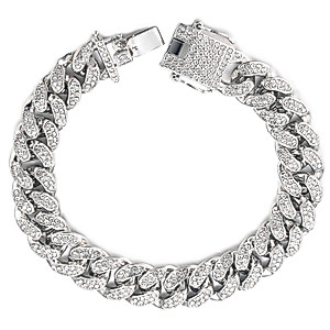 Halukakah Diamond Cuban Link Chain for Women 13.5MM Platinum White Gold Finish Bracelet 7",Full Cz Diamond Cut Prong Set,with Giftbox