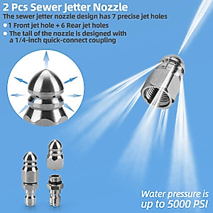 Pressure Washer Sewer Jetter Nozzle, Sewer Cleaning Nozzle Tips Pressure Drain Jetter Hose Nozzle with 1/4'' Quickly Connector 5000 PSI (2 Sets)