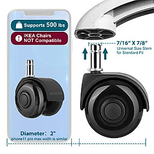 TICONN Office Chair Caster Wheels 2" Dual Wheels Set of 5 for Tile and Hardwood Floors, Universal Fit for Most Chairs (Black)