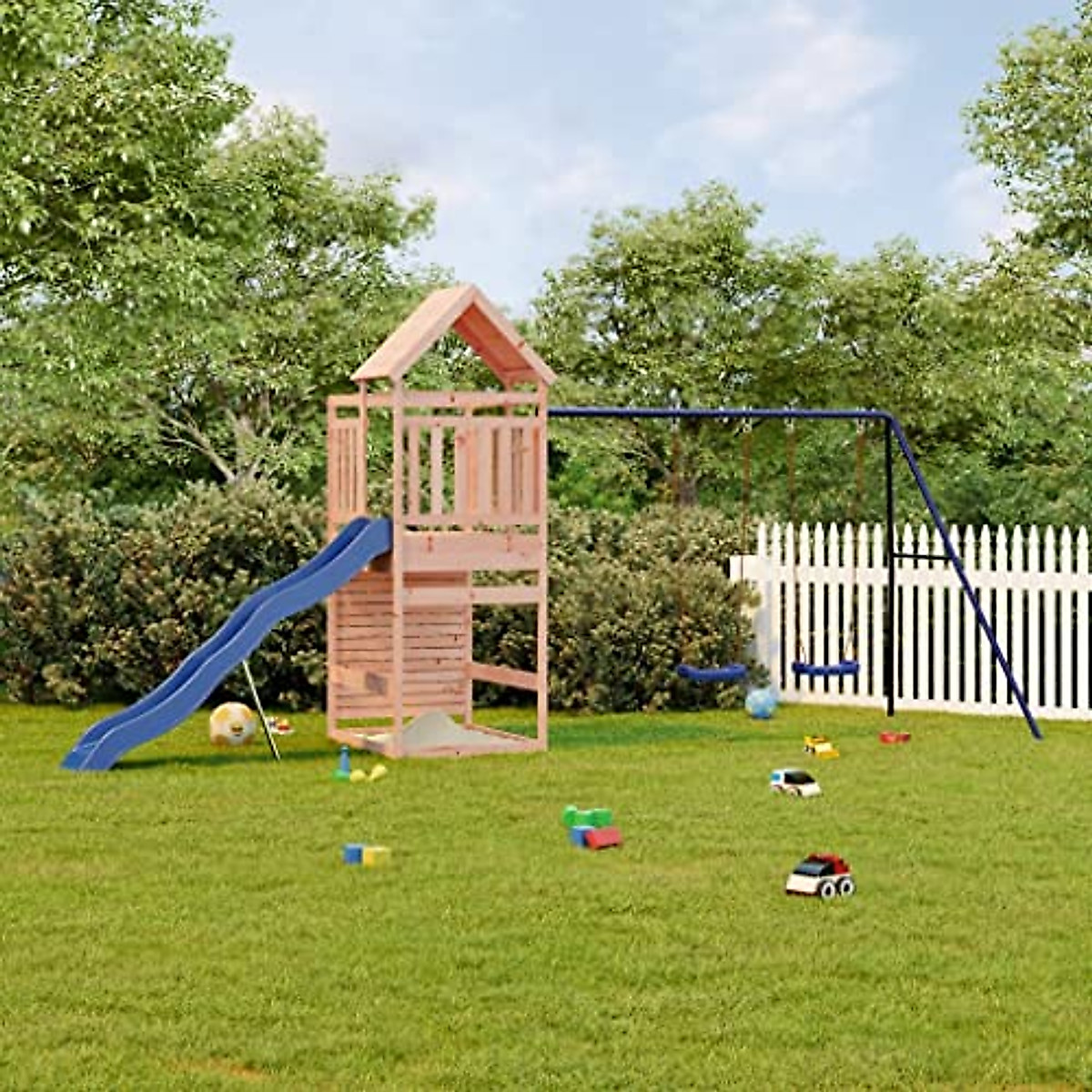 vidaXL Swing Set, Outdoor Backyard Wooden Playset Playground Equipment with Slide, Playground Set for Kids Age 3-8 Years, Solid Wood Douglas