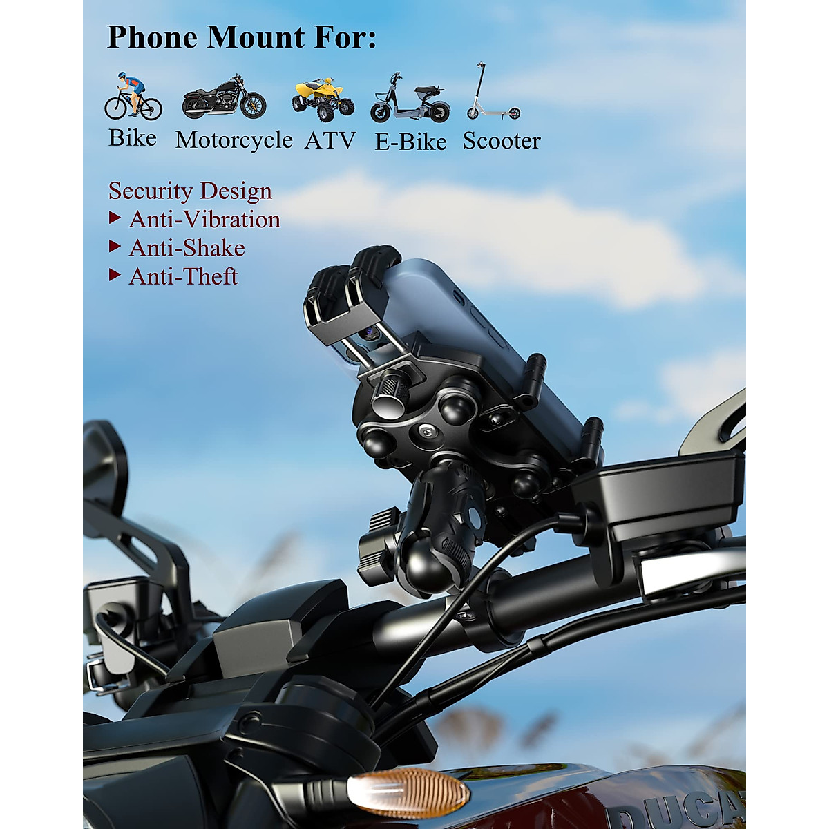 BRCOVAN Motorcycle Phone Holder with Vibration Dampener & High-Speed Secure Lock, Anti-Theft Motorcycle Phone Mount Handlebar Cellphone Holder for Bike Bicycle Scooter ATV Fit 5.4''-7.2'' Smartphones