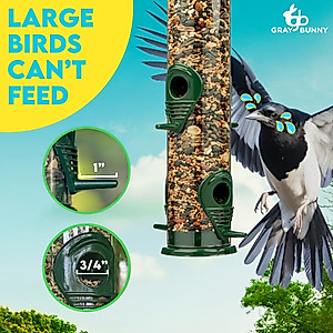 Gray Bunny Metal Bird Feeder, 4-Port Wild Bird Feeders for Outdoors Hanging, Heavy Duty Chew-Proof and Rust-Proof Tube Feeder, 15 Inches