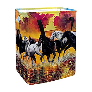 Horses Runs in Splashes Water Print Collapsible Laundry Hamper, 60L Waterproof Laundry Baskets Washing Bin Clothes Toys Storage for Dorm Bathroom Bedroom