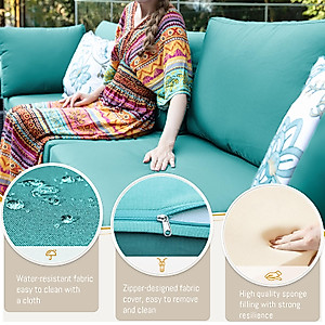 BULEXYARD High Back Brown PE Rattan Outdoor Patio Furniture Set with Propane Fire Pit Table, Large Wicker Outside Sectional Furniture Sofa Conversation Sets for Backyard(Aqua Blue, 7Pcs-A)