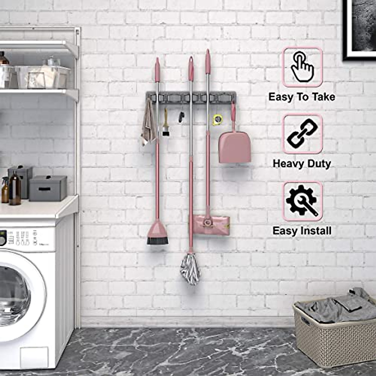 Mabel Home Mop and Broom Holder, 5 Auto Adjust Slots, 6 Hooks, Easy Install Wall Mount, Tools Hanger for Kitchen, Garden, Garage, Laundry Room, Office, Holds up to 20 kg (Grey)