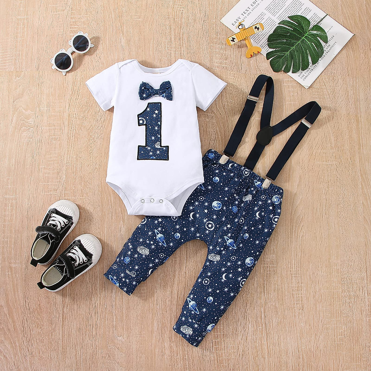 vivifayee Baby Boy One 1st Birthday Outfits Space First Birthday Boy Clothes Set Short Sleeve Bow Tie Romper Long Pants Set Suspenders