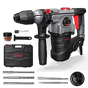 ZKH 1-1/4" SDS-Plus Rotary Hammer Drill for Concrete, 12.5 Amp Corded Heavy Duty Rotary Hammer with Safety Clutch, 4 Functions Vibration Control, Includes Chisels, Drill Bits, Grease and Carrying Case