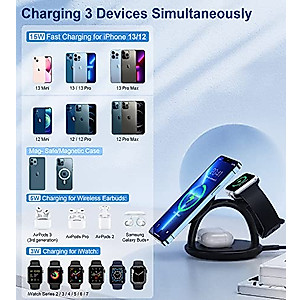 3 in 1 Magnetic Wireless Charging Station for iPhone 14/13/12, 15W Fast Wireless Mag-Safe Charger Stand with QC3.0 Adapter, for iPhone 14 13 12 Pro Max/Pro/Mini,Apple Watch 7/SE/6/5/4/3/2, AirPods Pro