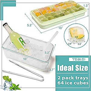 TEBLEI Ice Cube Tray with Lid and Bin, 64 Pcs Silicone Ice Cube Trays for Freezer, Easy Release & Save Space, 2 Ice Trays with Tongs and Scoop, for Whiskey, Cocktail | BPA Free
