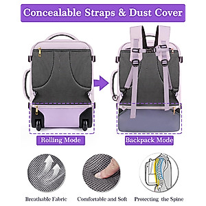 DEEGO Rolling Backpack for Women, 17.3 inch Travel Backpack with Wheels for Adult, Large Wheeled Backpack with Toiletry Bag, College Roller Travel Backpack Carry on Luggage for Work Business, Purple
