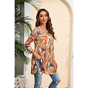 ENMAIN Women's Tunics Tops Plus Size Loose Fit 3/4 Sleeve Top Dressy Casual Swing Paisley Floral Orange Crewneck Hide Belly Tunic Tops to wear with Leggings