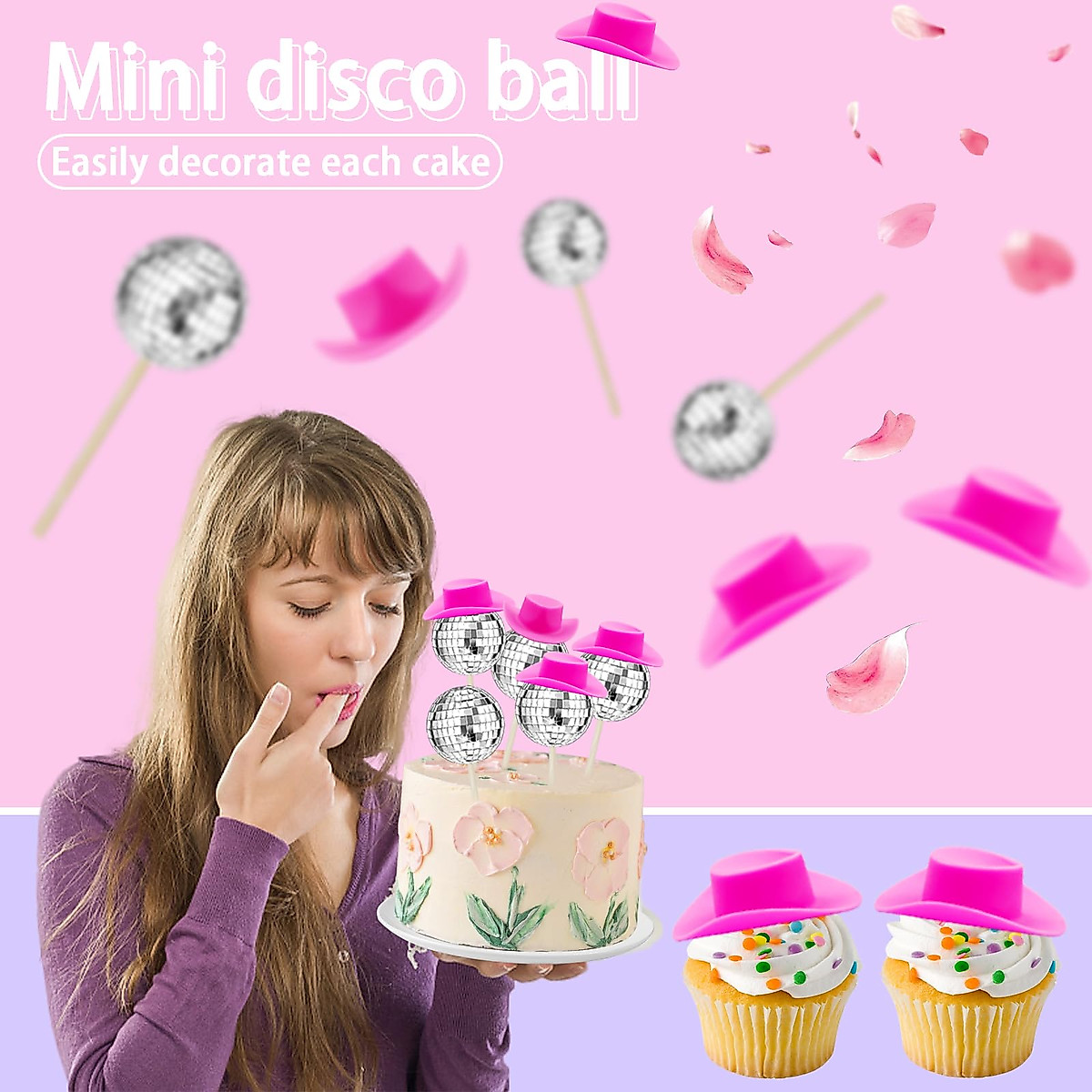 Newmemo Disco Ball Cake Toppers Cowgirl Hat 40PCS Disco Ball Cupcake Toppers Disco Ball Cake Pick Mini Western Cowgirl Hat Cake Decorations for Disco 1970s Theme Bachelorette Birthday Party Supplies
