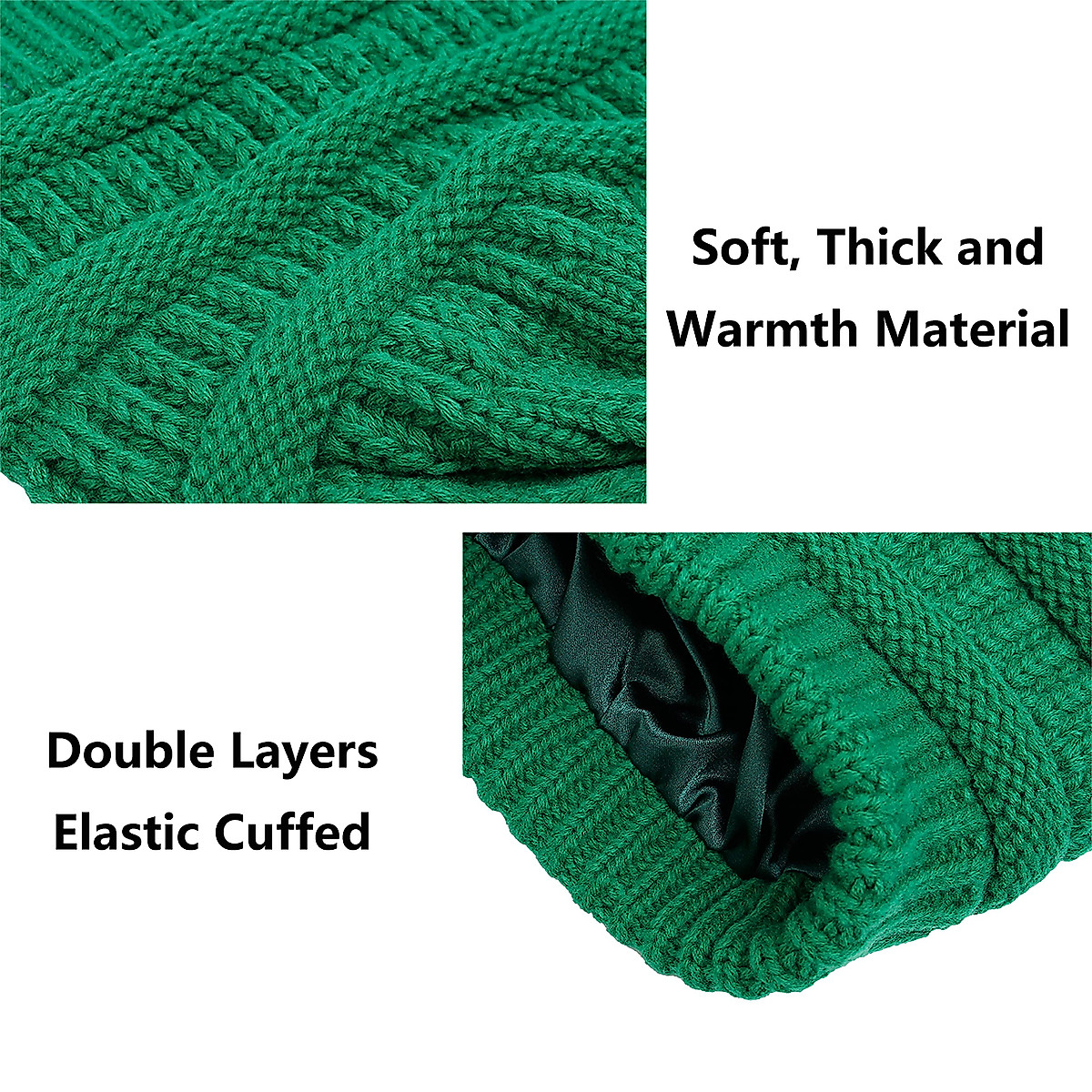 Muryobao Womens Winter Warm Knitted Hat Satin Silk Lined Cable Knit Beanie Chunky Slouchy Skull Cap Green