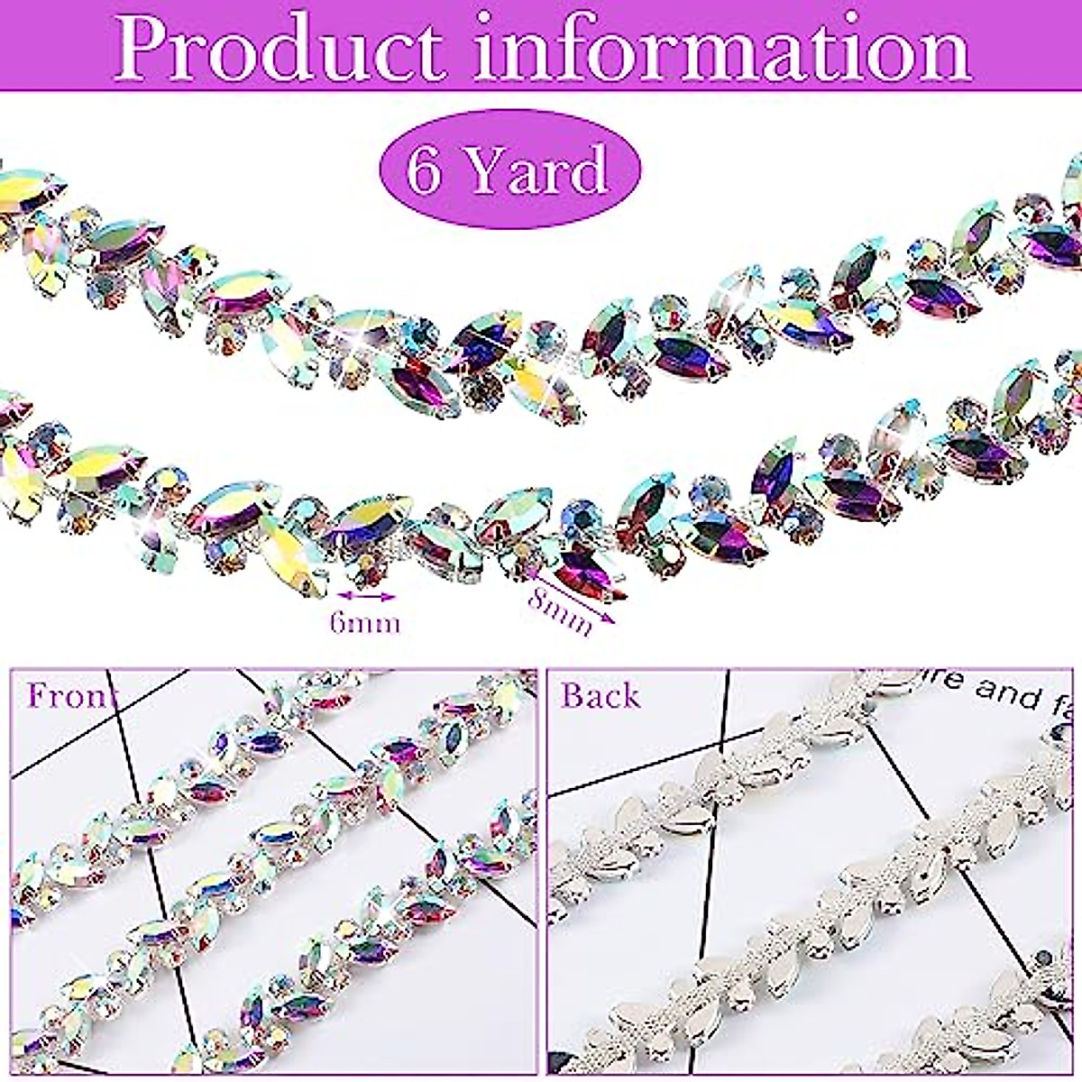 BBTO Bling Rhinestone Chain Trim Applique Crystal Flower Leaf Chain Sewing Trim Crafts Bridal Costume Embellishment Chain Trim for Jewelry DIY Necklace Bags Wedding Parties (AB, 6 Yards)