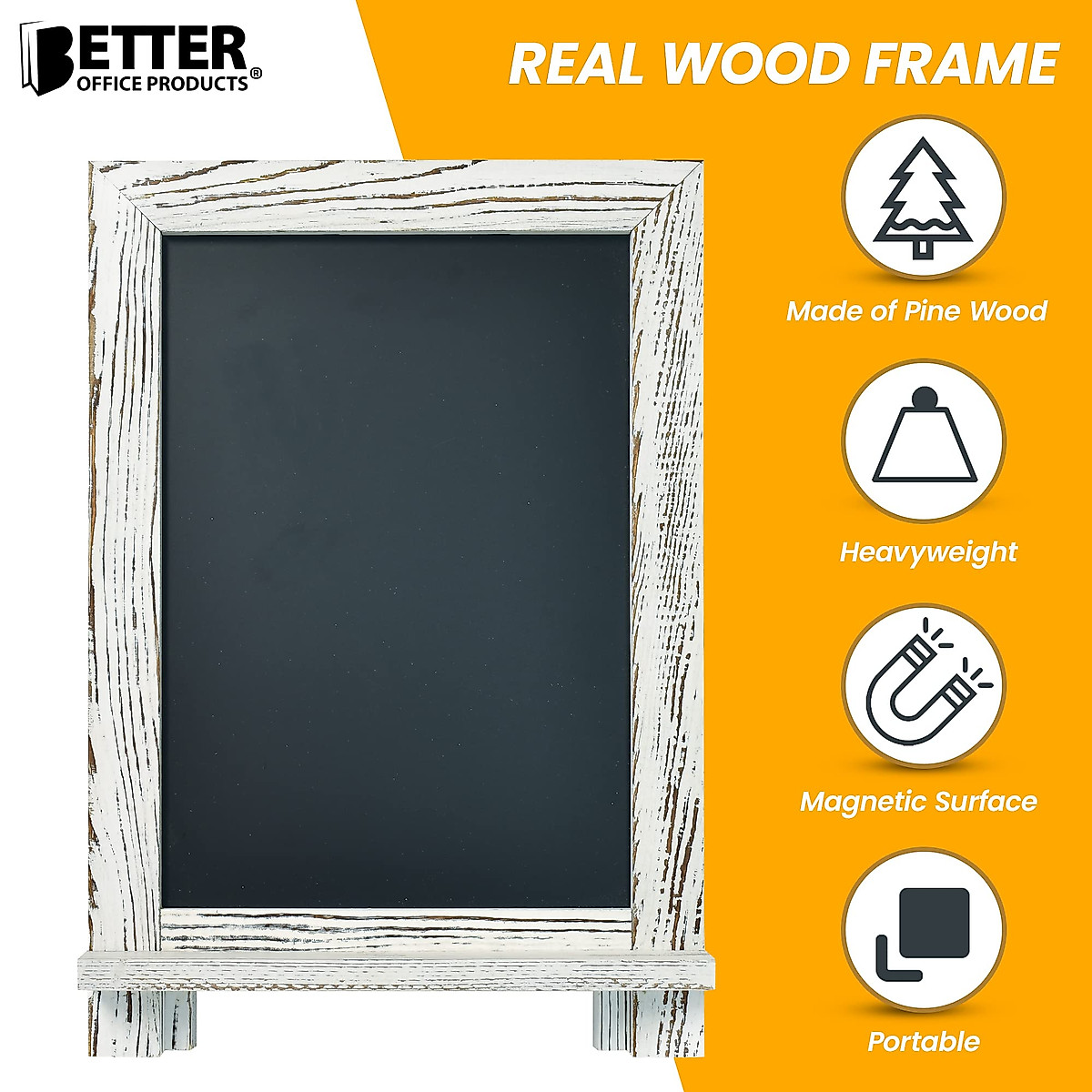 Better Office Products Framed Tabletop Chalkboard Sign, 9.5" x 14", Rustic Wood Frame, Small Magnetic Chalkboard with Built-in Ledge and Folding Stand, One White Chalk Marker Included,(Whitewash)
