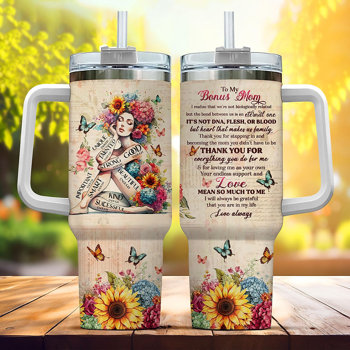 99WHALE Tumbler 40 Oz With Handle Lid And Straw, Bonus Mom Gifts, Bonus Mom Girl Mental Flowers, Simple Coffee Eleven Floral Modern Straws Royal Mother Be Best Purple To Butterfly