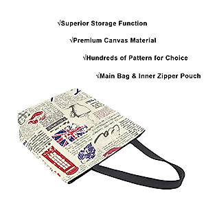 ALAZA Newspaper British Flag Retro Canvas Tote Bag for womenLarge Women Casual Shoulder Bag Handbag,Shopping Grocery Cotton Bag Reusable,Multipurpose,Heavy Duty For Outdoors Weekender Travel