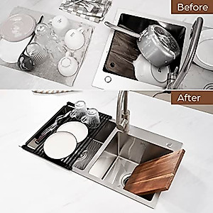 BELLE TERRE Roll-Up Dish Drying Rack & Swedish Dish Cloth Set - Space-Saving Sink Rack (17.5" x 12.8") with Utensil Tray & Reusable Absorbent Cloths - Solid Steel Construction & Cellulose Material